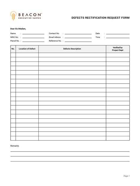 Defects Rectification Form Pdf