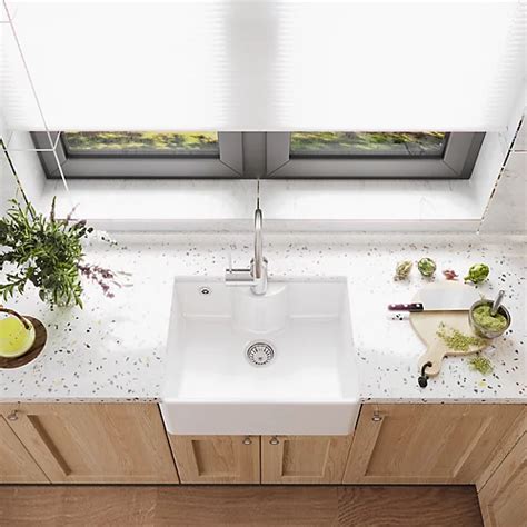 595mm 1 Bowl Fireclay Butler Kitchen Sink Tap Ledge Hole Overflow