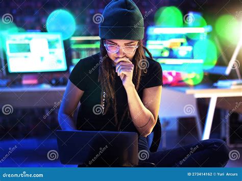 Laptop Woman And Hacker Thinking In Home For Programming Software Or