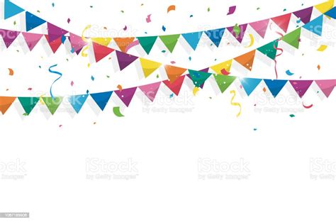 흰색 바탕에 화려한 깃발 색종이와 리본 플래그 생일 축 하 카니발 기념일 및 휴일 파티 벡터 일러스트 레이 션 기에 대한 스톡