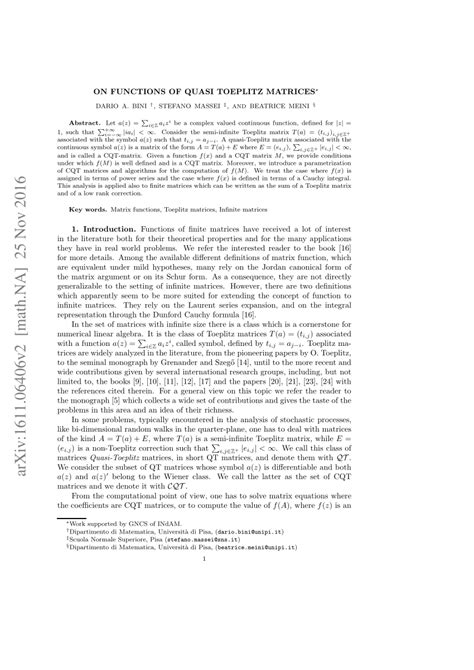 pdf on functions of quasi toeplitz matrices