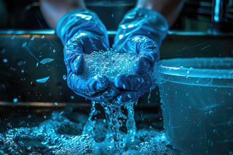 a person wearing blue gloves pours water from one container to another with a bucket on the
