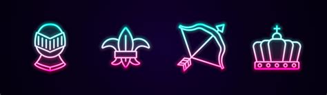 세트 라인 중세 헬멧 플뢰르 드 리스 또는 백합 꽃 활과 화살표와 킹 크라운 빛나는 네온 아이콘 벡터 고전갑옷에 대한 스톡 벡터 아트 및 기타 이미지 Istock