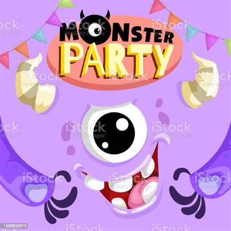 큰 얼굴 재미 있는 괴물과 몬스터 파티 배너 템플릿입니다 생일 축하 인사말 또는 만화 스타일의 기념일에 대 한 초대 디자인 서식 파일입니다 벡터 그림입니다 0명에 대한 스톡