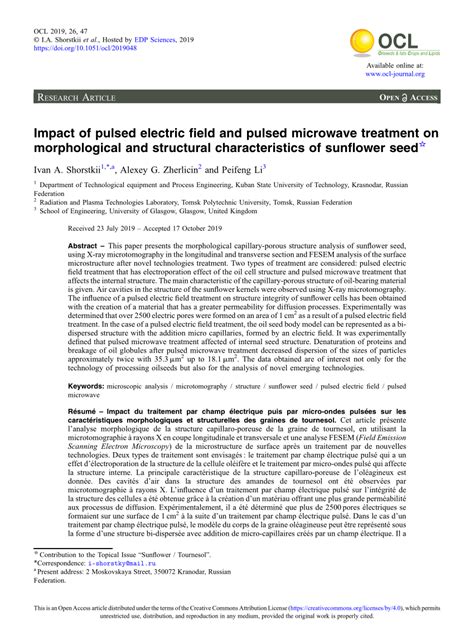 Pdf Impact Of Pulsed Electric Field And Pulsed Microwave Treatment On Morphological And
