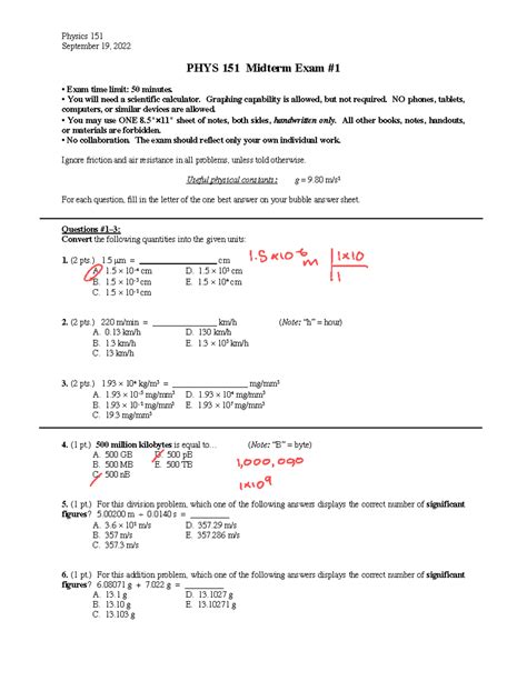 Midterm 1 Phys 151 Physics 151 September 19 2022 Phys 151 Midterm Exam Exam Time Limit 50