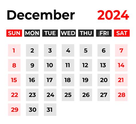 깔끔한 룩의 2024년 12월 월별 달력 디자인 벡터 2024년 12월 2024년 달력 월간 달력 Png 일러스트 및