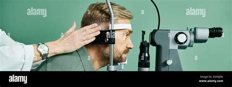 Devoted Doctor Examines Mans Eyes Through A Microscope In A Doctors Office For Laser Vision