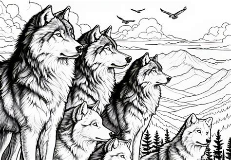 Wolf Pack Stands On A Hill And Looks Into The Distance Coloring