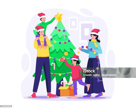 집에서 함께 크리스마스 트리를 장식하는 행복한 가족 어머니 아버지 그리고 겨울 방학을 준비하는 아이들 플랫 스타일의 벡터 그림 크리스마스트리 장식하기에 대한 스톡 벡터 아트