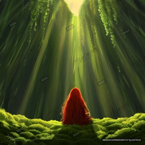 Ai创作图绿野仙踪 林中女孩背影 梦幻风景女孩 梦幻绿色丛林 森林中的女孩背影 梦幻绿色森林 森林里的小女孩插画 创意森林系背景 梦幻森林壁纸