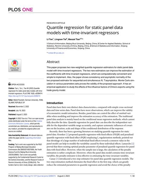 Pdf Quantile Regression For Static Panel Data Models With Time