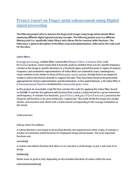 Project Report On Finger Print Enhancement Using Digital Signal