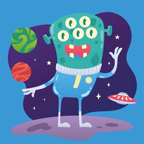 5 눈 벡터를 가진 귀여운 녹색 외계인 캐릭터 프리미엄 벡터