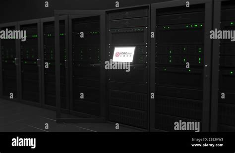 laptop with the logo of icbc on the screen in a server room conceptual