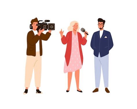 여성 기자와 카메라맨이 방송에서 유명인을 인터뷰합니다 기자 사람들은 실시간으로 뉴스 프로그램을 만듭니다 Tv 기록 뉴스 캐스터 평면 벡터 만화 그림 흰색 배경에