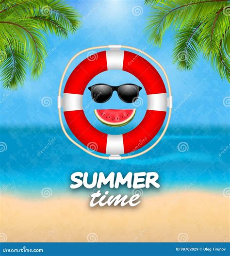 De Achtergrond Van De De Zomertijd Met Palmbladen Reddingsboei En