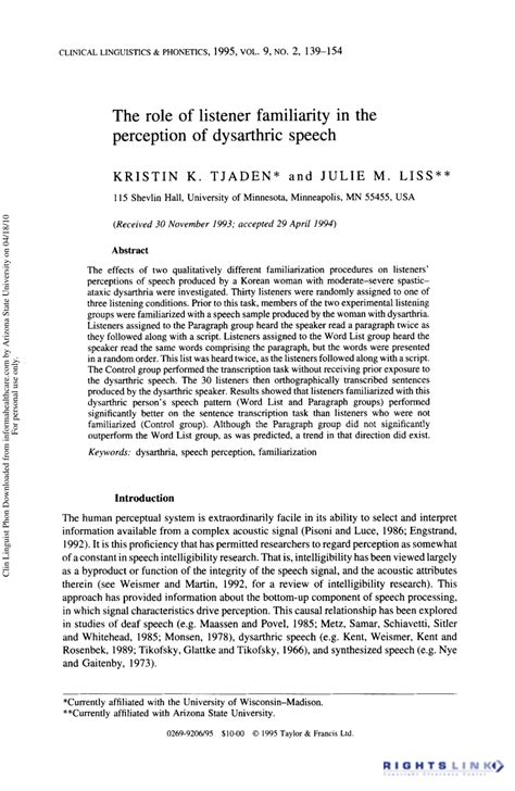 Pdf The Role Of Listener Familiarity In The Perception Of Dysarthric