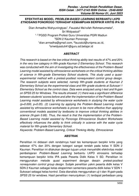 Pdf Efektivitas Model Problem Based Learning Berbantu Lkpd Etnosains Ponorogo Terhadap