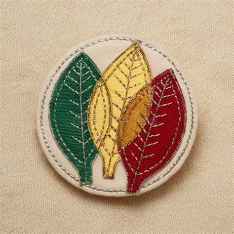 A Circular Patch With Three Overlapping Leaf Sewn Onto A Neutral Cream