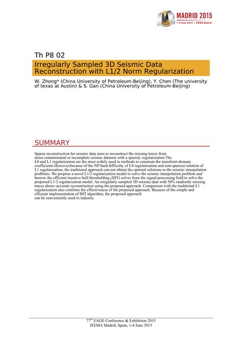 Pdf Irregularly Sampled 3d Seismic Data Reconstruction With L1 2 Norm Regularization