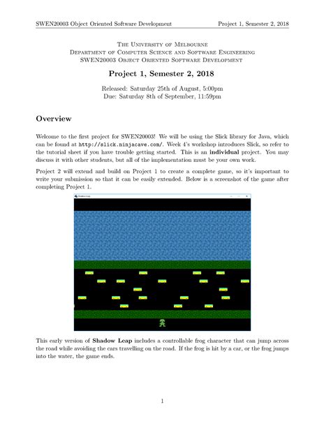 Project 1 Object Oriented Software Development Project 1 Semester 2 2018 The University Of