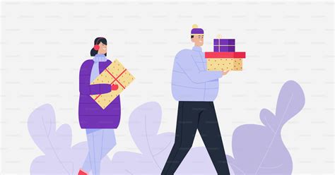 남성과 여성 캐릭터는 겨울 휴가나 생일 축하 행사에 가족과 친구들을 위한 선물을 준비합니다 행복한 사람들은 축제 활로 싸인