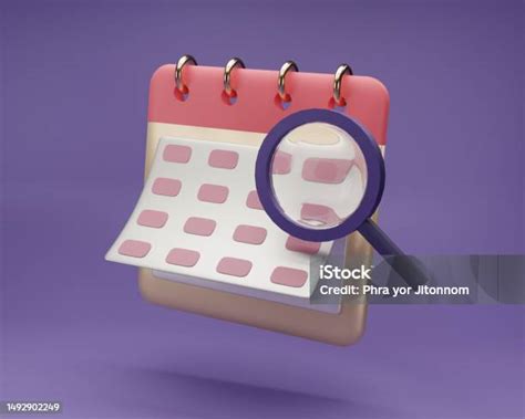 3d는 돋보기가 있는 최소한의 분홍색 메모 아이콘을 보라색 배경에 분리합니다 검색 아이콘이 있는 백지 달력입니다 달력 날짜 아이콘 3d 렌더링 3차원 형태에 대한 스톡 사진