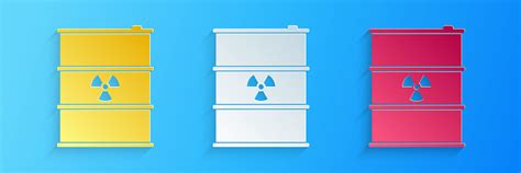 종이는 파란색 배경에 고립 된 배럴 아이콘에서 방사성 폐기물을 잘라 방사성 쓰레기 배출 환경 오염 생태 재해의 위험 종이 아트 스타일 벡터 0명에 대한 스톡 벡터 아트 및