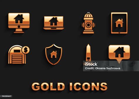 방패 태블릿 및 스마트 홈 지도 포인터 하우스 워싱턴 기념비 창고 달러 기호 소화전 컴퓨터 모니터 및 노트북 아이콘이 있는 집을 설정합니다 벡터 0명에 대한 스톡 벡터 아트