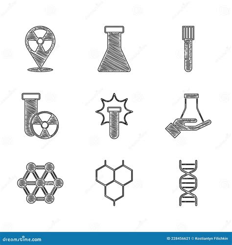 Set Chemical Explosion Formula Dna Symbol Test Tube And Flask Molecule Radiation And