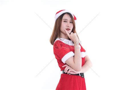 穿着白色的圣达克萨斯礼服的亚裔妇女肖像圣诞节日高清图片下载 正版图片507437449 摄图网