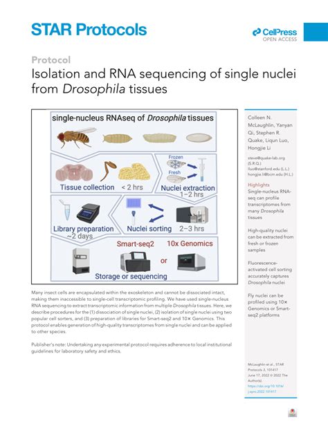 Pdf Isolation And Rna Sequencing Of Single Nuclei From Drosophila Tissues