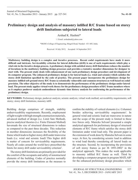 Pdf Preliminary Design And Analysis Of Masonry Infilled R C Frame Based On Storey Drift