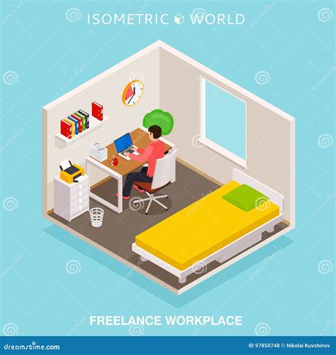 Isometric Home Office Workplace Concept Freelance Workspace Stock Vector Illustration Of