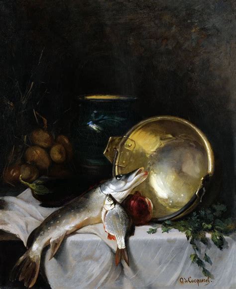 Натюрморт с рыбой и гранатом Юлий Жак Оливер де Кокуэрел Натюрморт Картины Краска