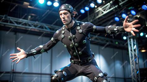 Motion Capture Actor Performing Action Scene On Stage With Lights Generative Ai Premium Ai