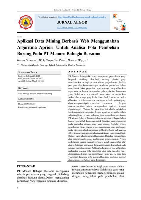 Pdf Aplikasi Data Mining Berbasis Web Menggunakan Algoritma Apriori Untuk Analisa Pola