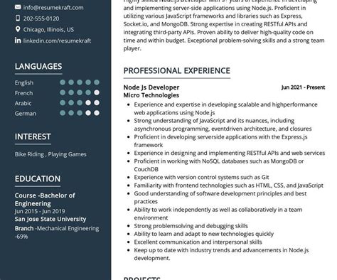 Node Js Developer Cv Sample In 2025 Resumekraft
