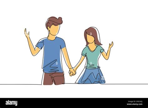 Continuous One Line Drawing Cute Young Couple In Love Hand In Hand Romantic Couple In Love