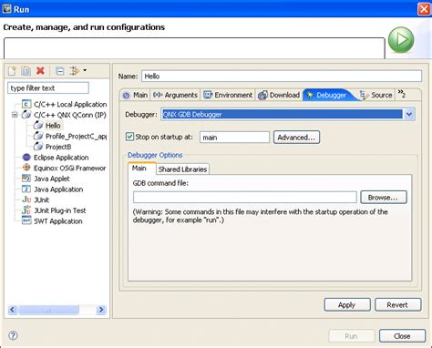 Launch Configurations Dialog Debugger Tab