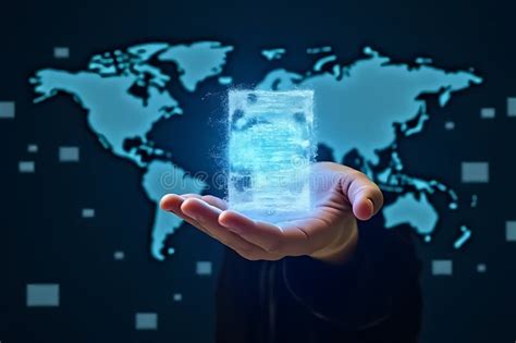 A Hand Presents A Digital Document Glowing Against A World Map Interface Backdrop Stock