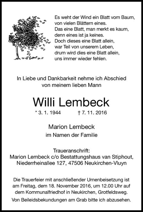 Traueranzeigen Von Willi Lembeck Trauer In Nrw De