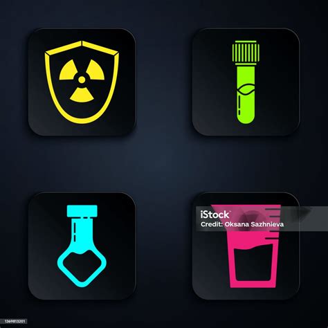 실험실 유리 제품 또는 비커 방패 테스트 튜브 및 플라스크 화학 및 테스트 튜브 및 플라스크 화학 물질을 설정합니다 검은 색 사각형 버튼 벡터 0명에 대한 스톡 벡터 아트