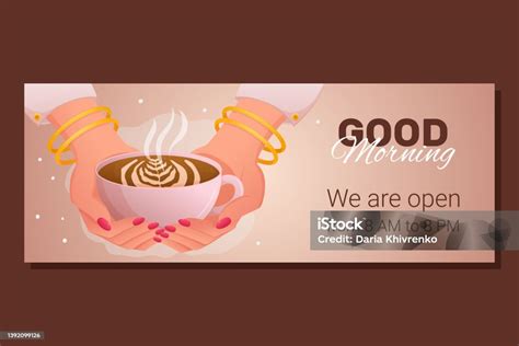 손톱에 하얀 소매 금색 팔찌 분홍색 매니큐어를 가진 한 젊은 여성의 손에는 굿모닝 문구가 적힌 커피 한 잔이 들어 있다 클로즈업 뷰 그림입니다 커피 숍 배너 디자인 개념에
