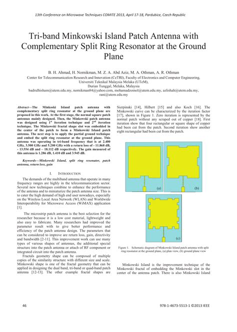 Pdf Tri Band Minkowski Island Patch Antenna With Complementary Split