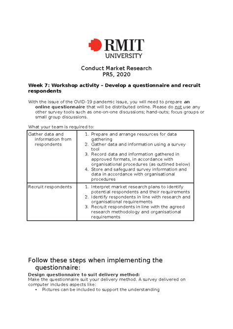 Week 8 Workshop Design An Online Questionnaire And Select Respondents 2020 Conduct Market