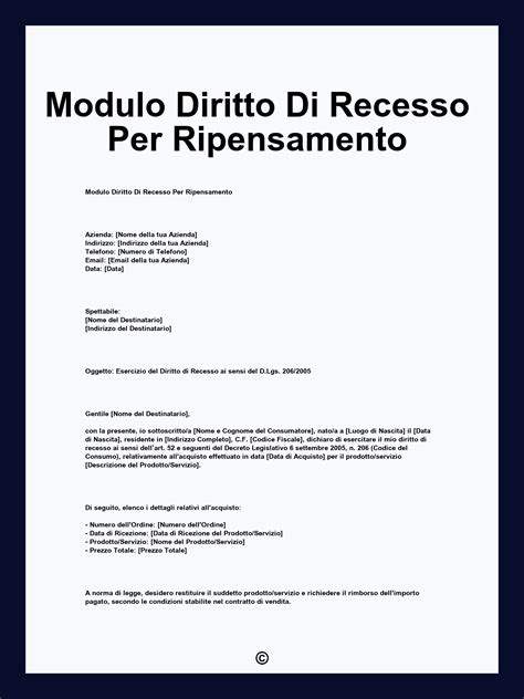 Modulo Diritto Di Recesso Per Ripensamento
