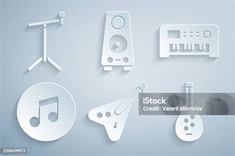 일렉트릭 베이스 기타 음악 신디사이저 음표 음색 스테레오 스피커 및 스탠드 아이콘이 있는 마이크를 설정합니다 벡터 3차원 형태에 대한 스톡 벡터 아트 및 기타 이미지