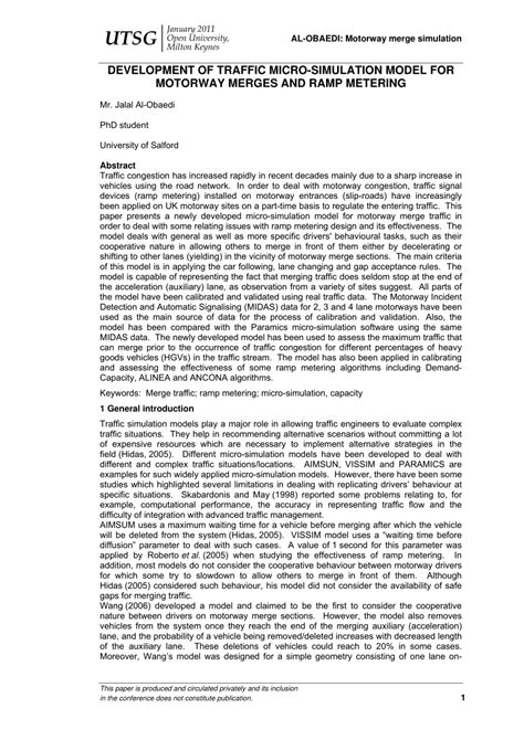 Pdf Development Of Traffic Micro Simulation Model For Motorway Merges And Ramp Metering